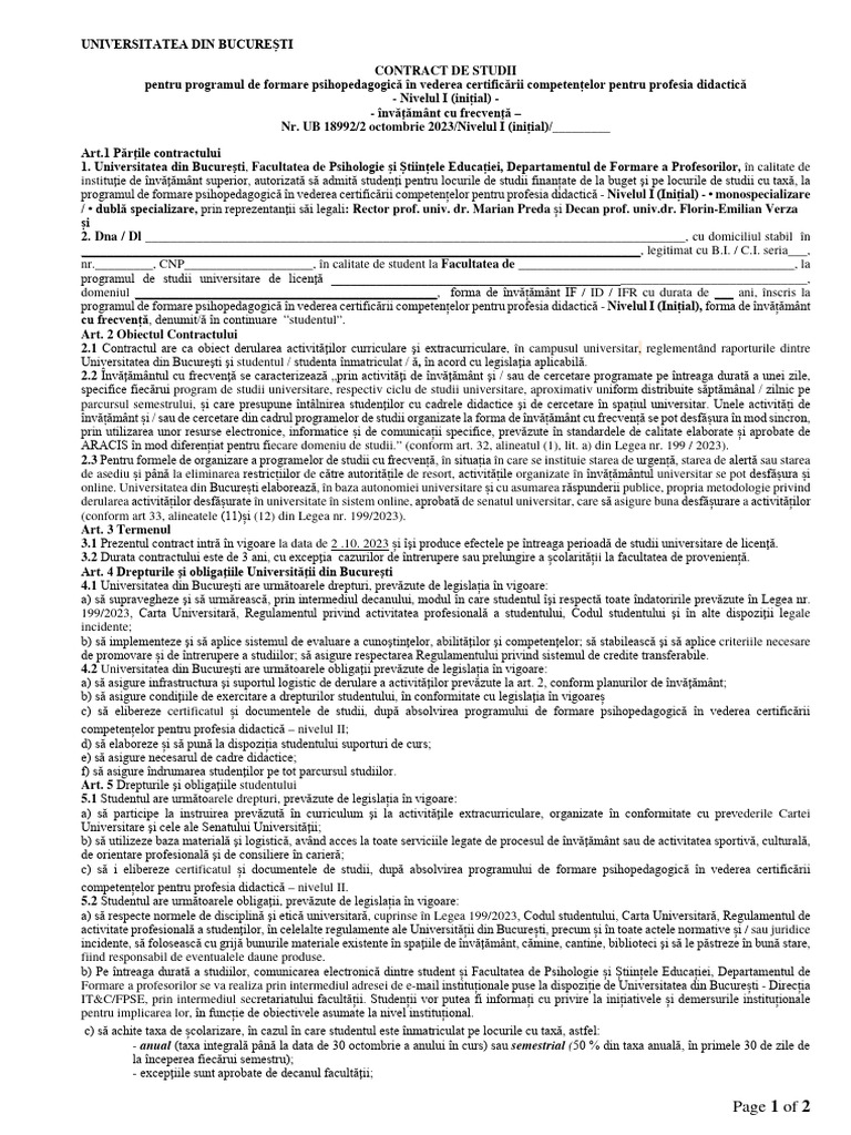 Contract de Studii DPPD Nivel I - LICENTA - 2023 | PDF