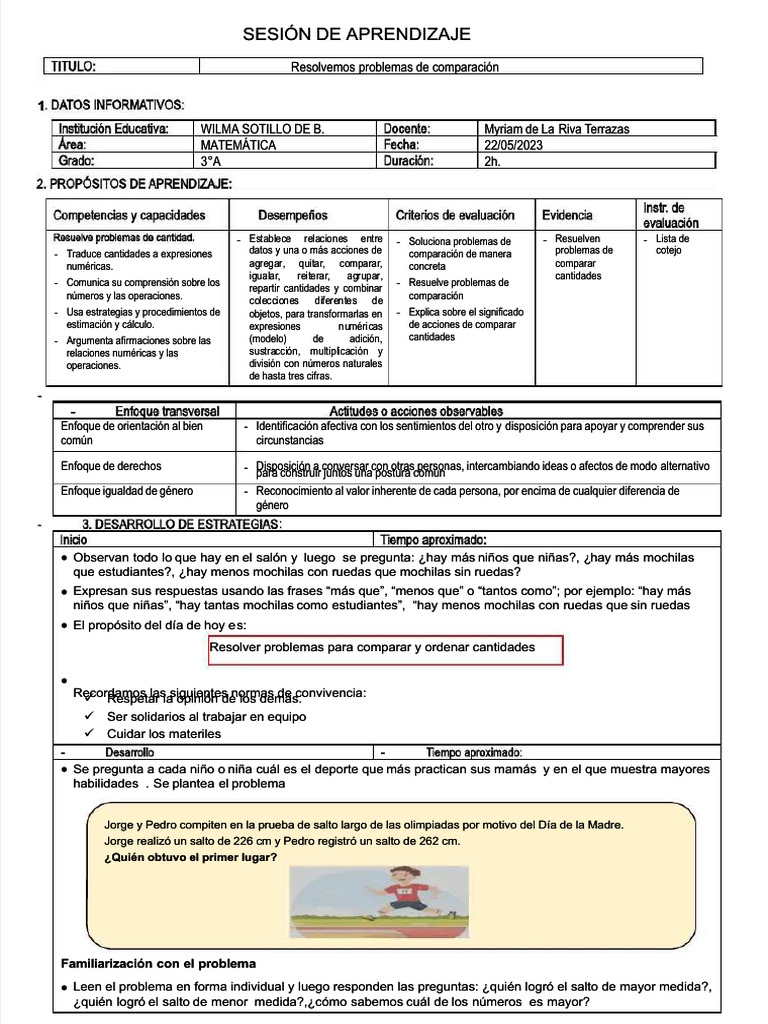 PDF Sesion de Aprendizaje Resolvemos Problemas de Comparacion - Compress | PDF