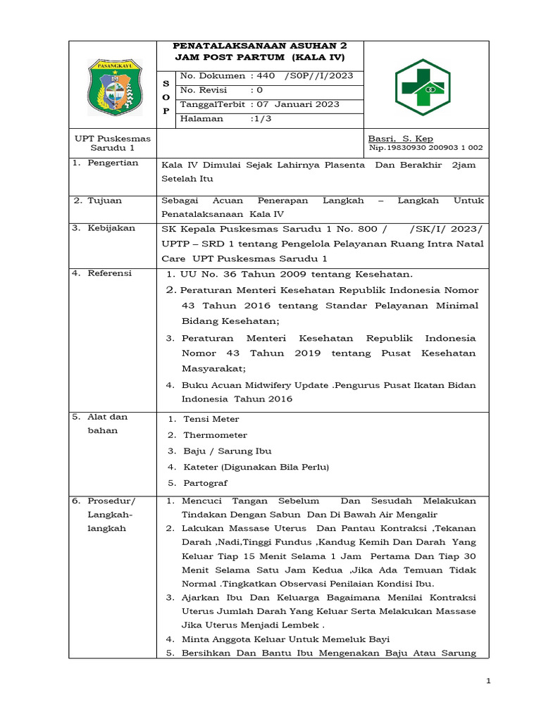 Sop 2 Jam Post Partum | PDF
