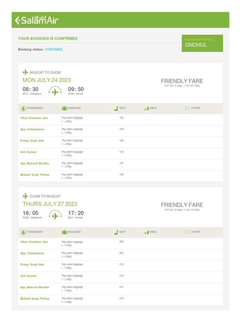 Salam Air Booking Confirmation Details | PDF | Baggage | Airlines