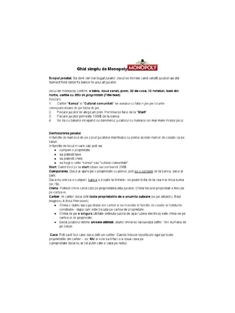 Reguli de Joc Monopoly: Ghid Complet | PDF