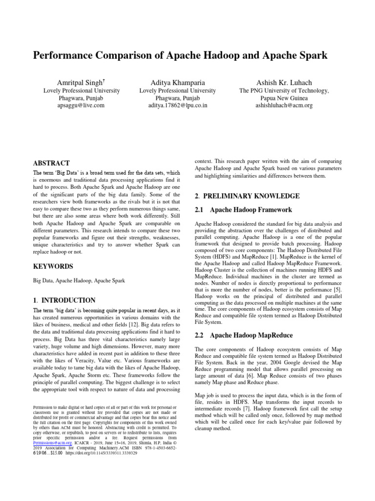 Performance Comparison of Apache Hadoop and Apache Spark | PDF | Apache Hadoop | Apache Spark