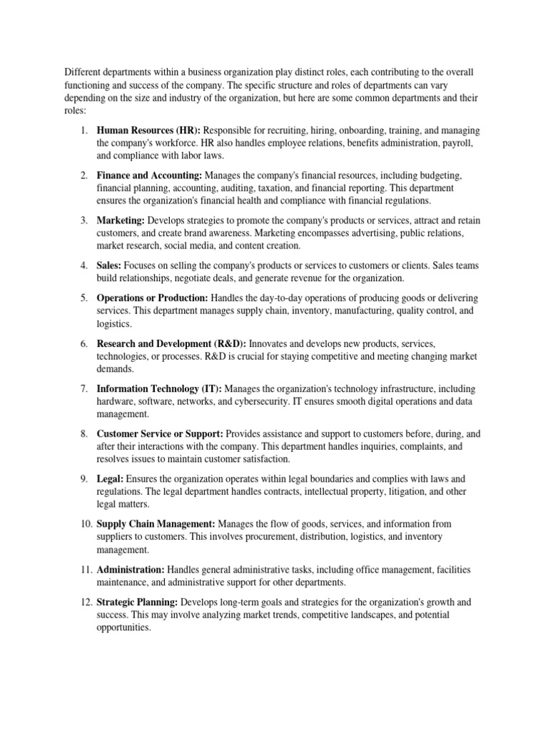 Different Departments Within A Business Organization Play Distinct ...