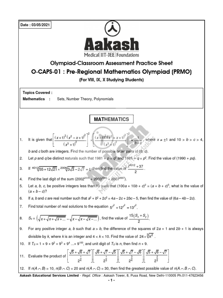 10X O-Caps 01 PRMO Mathematics 2021 | PDF | Factorization | Numbers