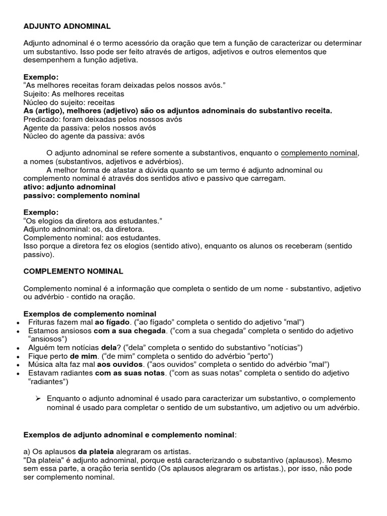 ADJUNTO ADNOMINAL e COMPLEMENTO NOMINAL | PDF
