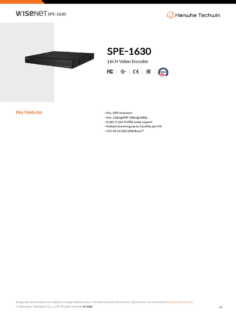 SPE-1630 Product Data Sheet | PDF | Video | Internet Protocols