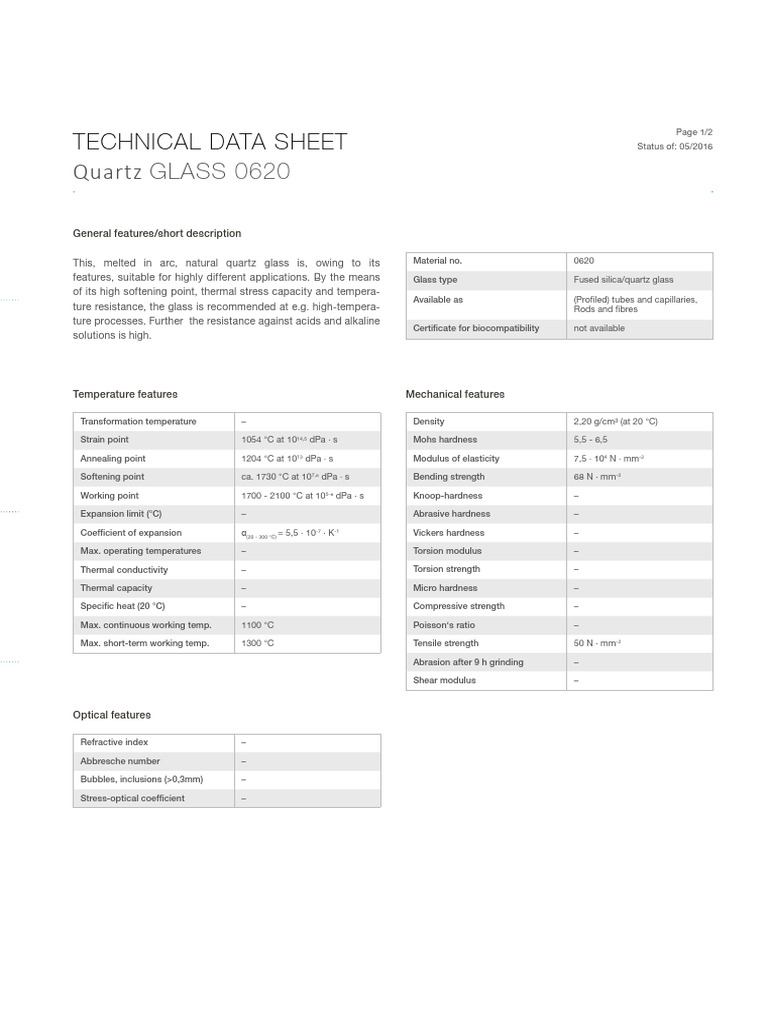 Quartz Capillary Technical Data Sheet Pdf Glasses Strength Of