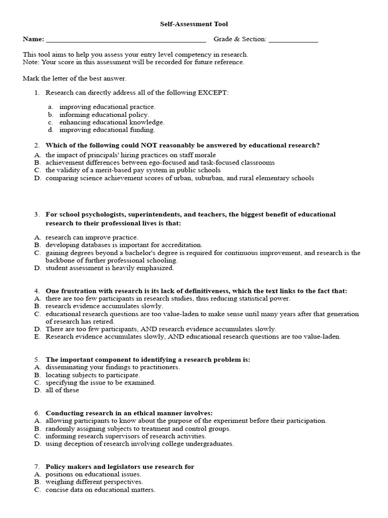 Self Assessment - Grade 10 Research | PDF | Data | Cognition