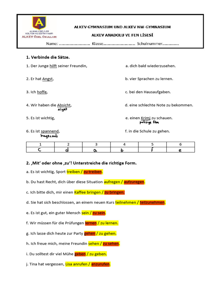 Arbeitsblatt 'Infinitiv mit zu' | PDF