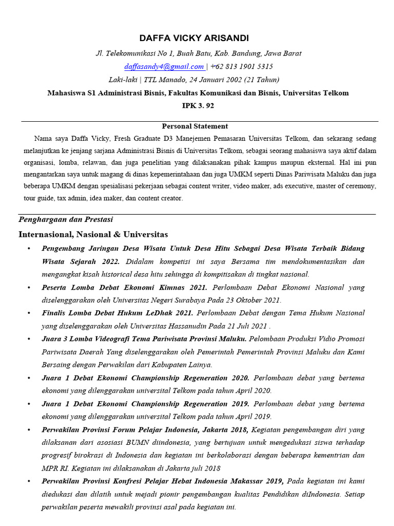CV - Daffa Vicky Arisandi - 2023 Terbaru - Daffa Arisandi | PDF | Seni