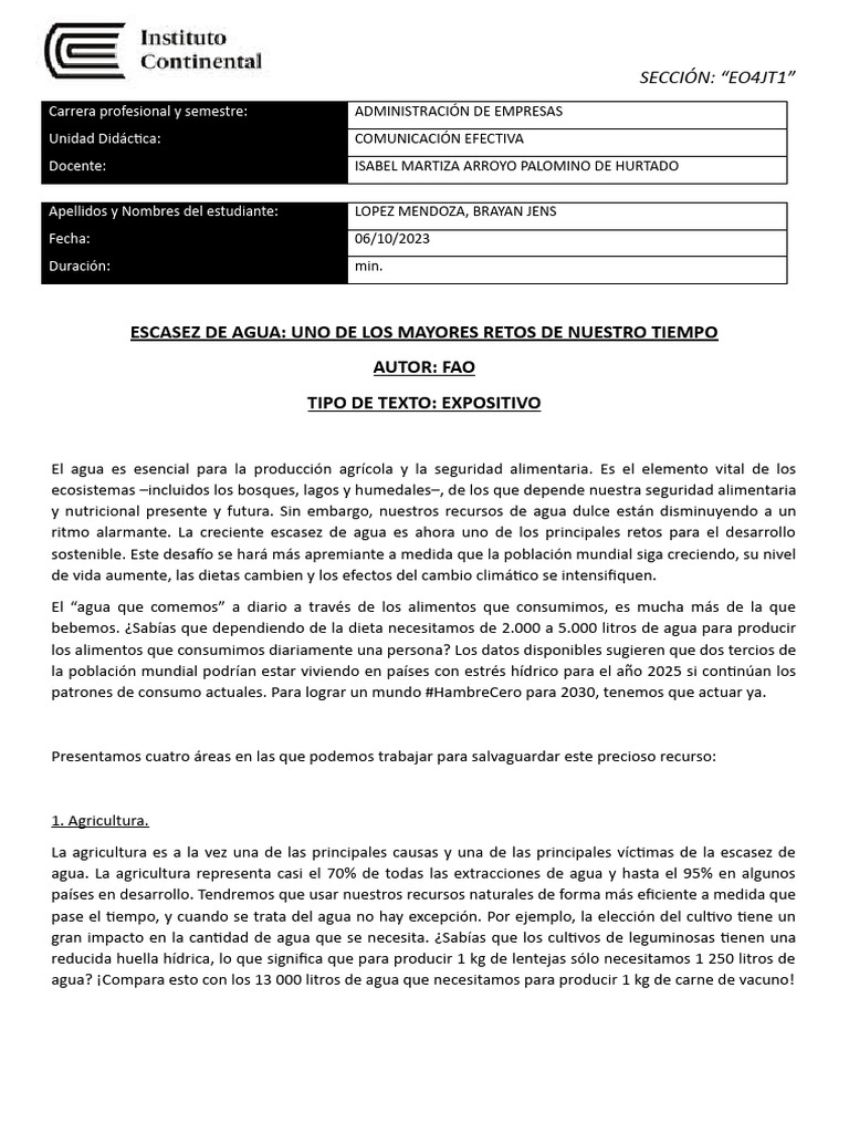 Texto Expositivo | PDF | Agua | Escasez de agua