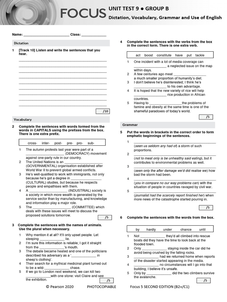 Focus5 2E Unit Test Unit9 Dictation Vocabulary Grammar UoE GroupB | PDF ...
