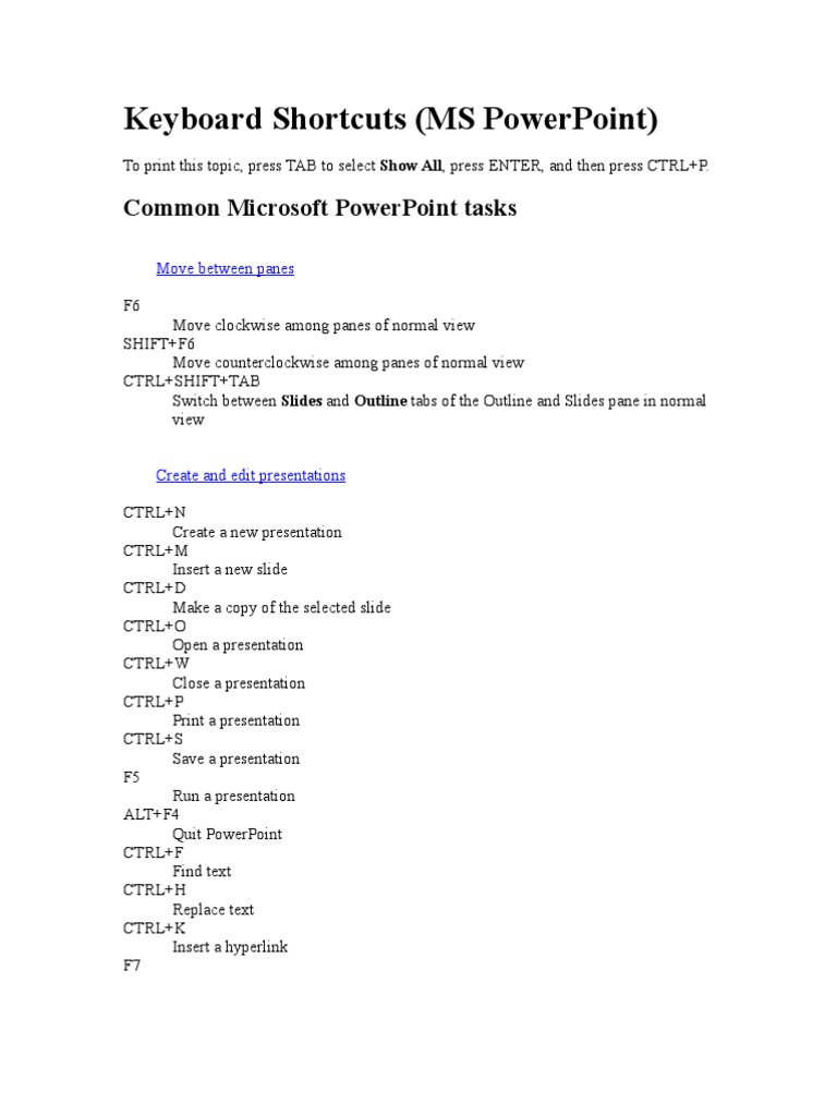 PowerPoint Keyboard Shortcuts Guide | PDF | Hyperlink | Menu (Computing)