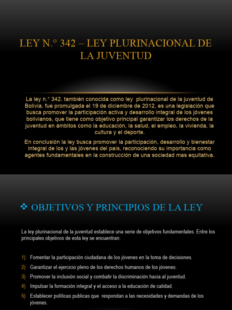 LEY N.° 342 exposicion | PDF | Bolivia | Inclusión (Educación)