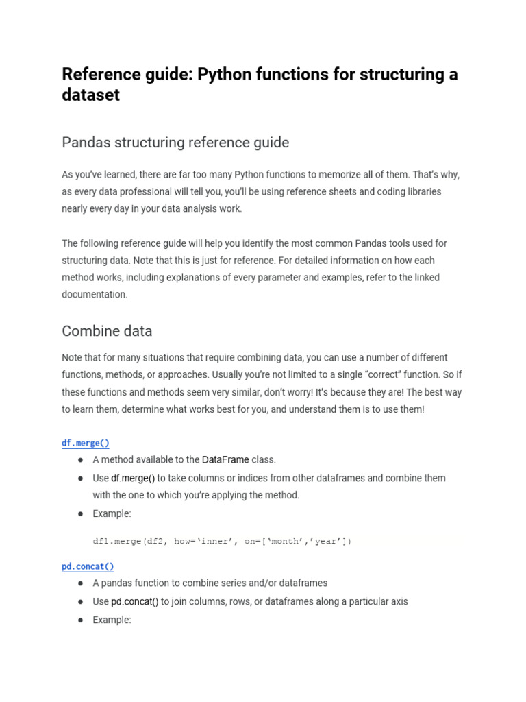 Reference Guide Pandas Tools For Structuring A Dataset Download Free Pdf Computer