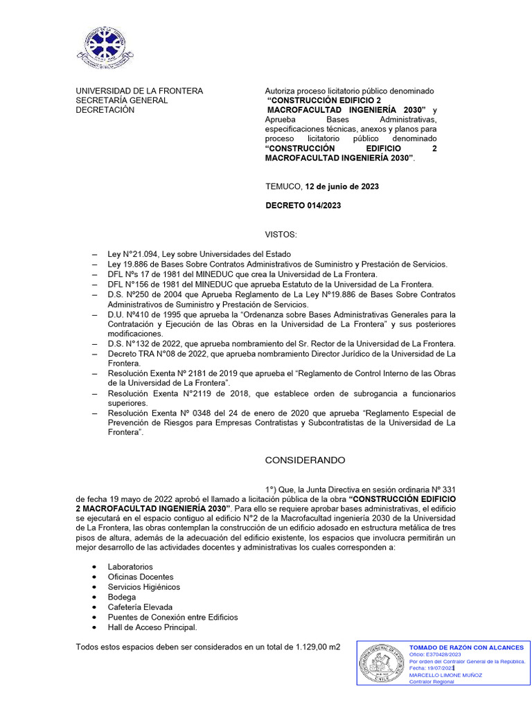 DECRETO N 14 de 2023 APRUEBA BASES EDIFICIO 2030.. | PDF | Presupuesto | Multa (pena)