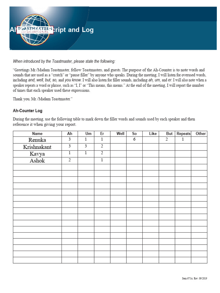 Toastmasters 675A Ah Counter Script and Log Letter Size | PDF