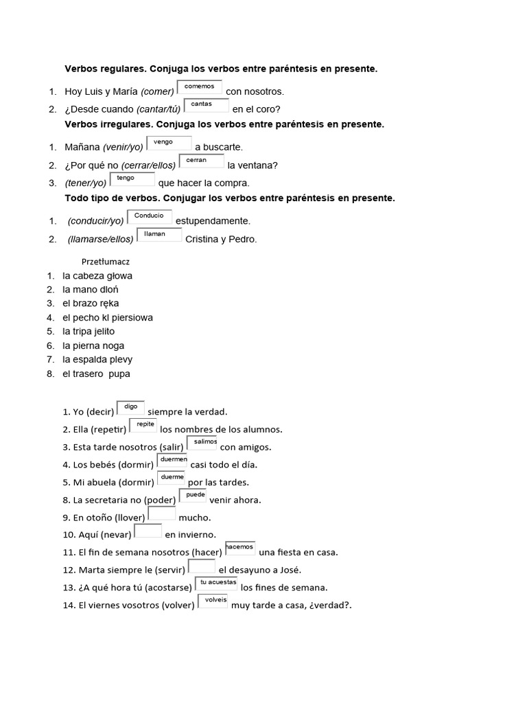 Kartkowka 11 Revision + Conjugar Verbos | PDF