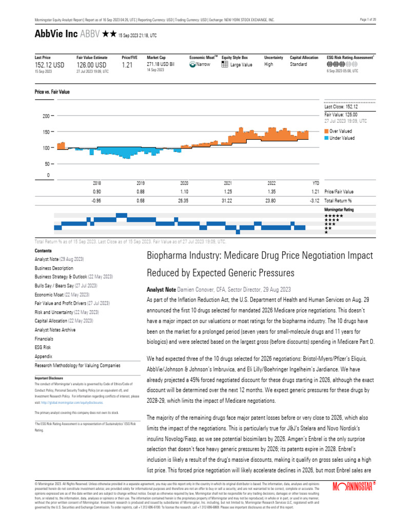 ABBVie Morningstar Report | PDF | Stocks | Generic Drug