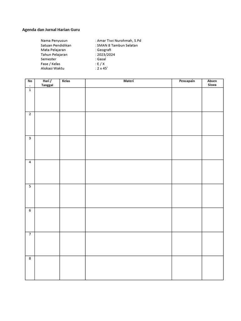 Contoh Agenda Harian Guru | PDF | Sains & Matematika