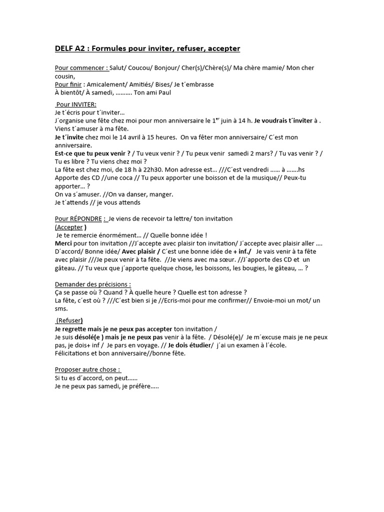 Formules DELF A2 : Invitations et Réponses | PDF | Art
