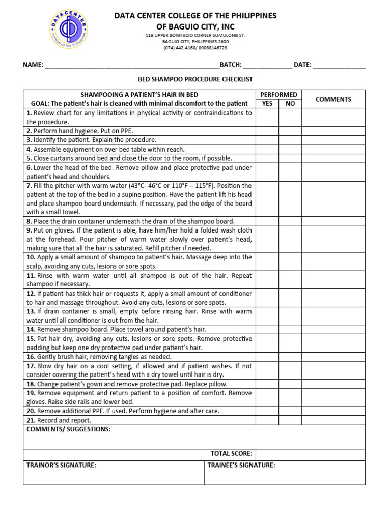 Check List BEDSHAMPOO PROCEDURE | PDF | Wellness