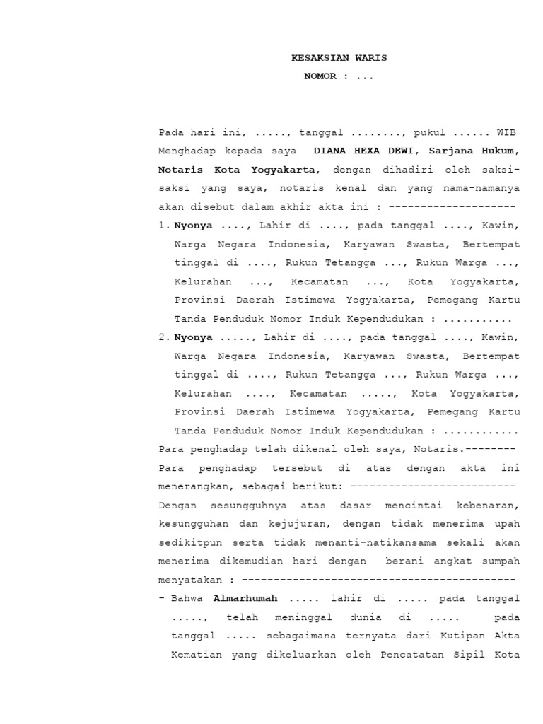 Contoh Akta Pernyataan Saksi Waris | PDF Contoh Akta Pernyataan Saksi Waris | PDF