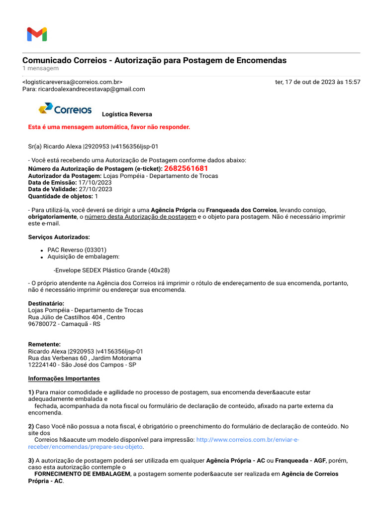 Gmail - Comunicado Correios - Autorização para Postagem de Encomendas | PDF Gmail - Comunicado Correios - Autorização para Postagem de Encomendas | PDF