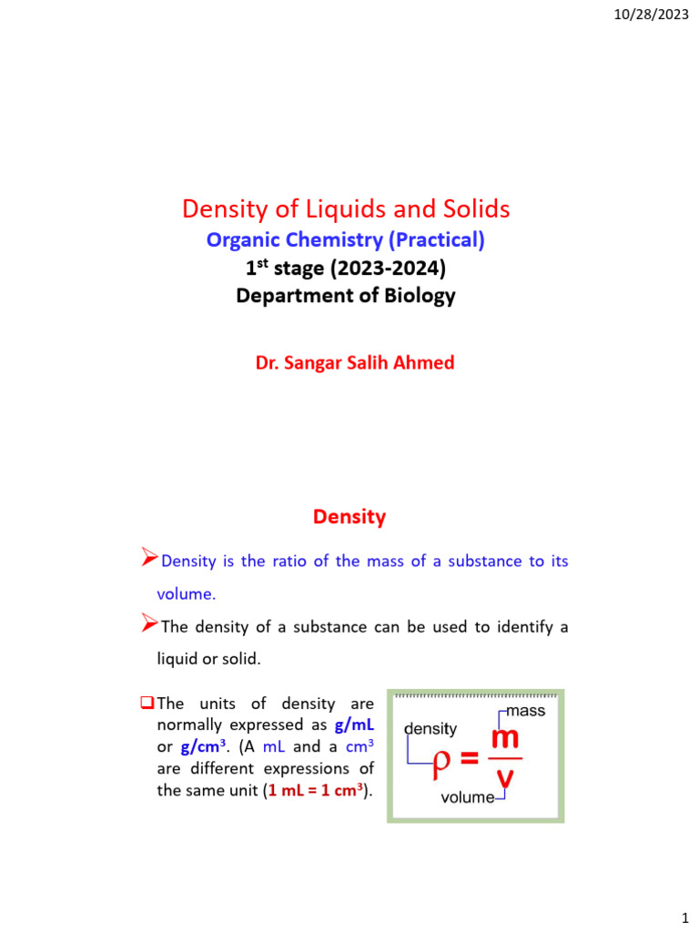 1st, Practical Lecture. (Density) | PDF | Density | Volume