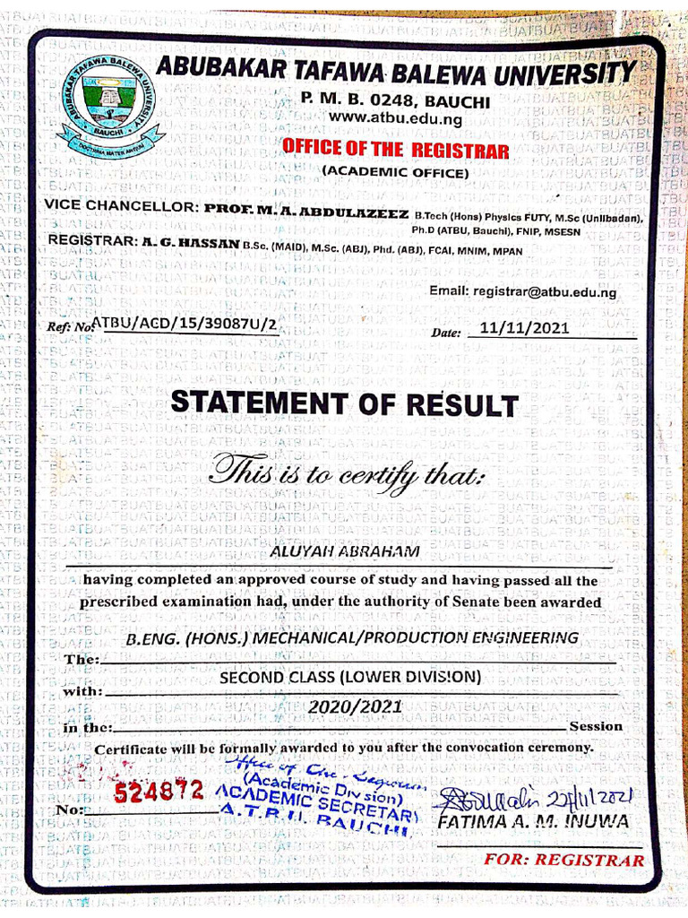 Statement of Result | PDF