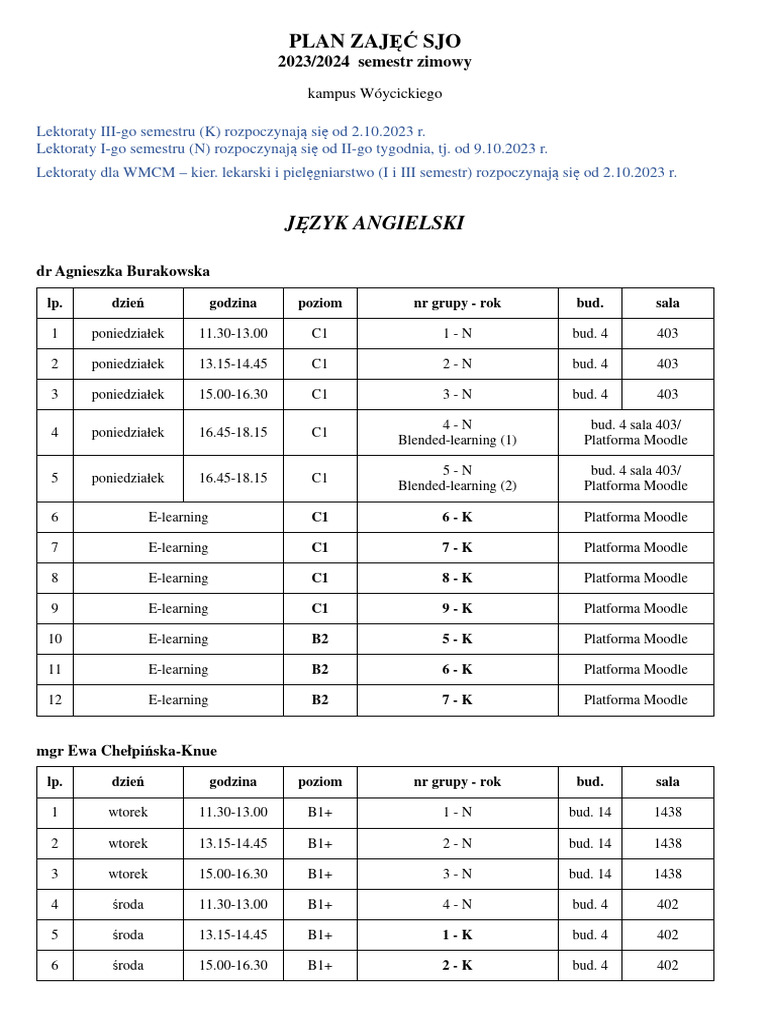 PLAN ZAJEC SJO 2023 2024 Zima 1 | PDF