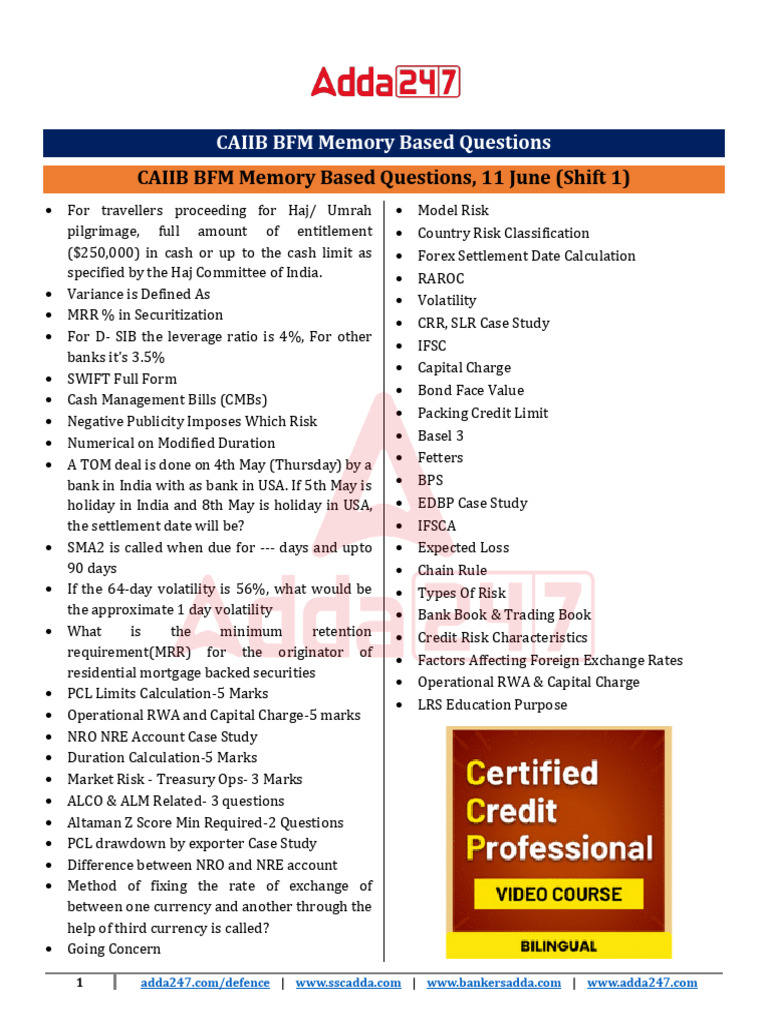 CAIIB BFM Memory Based Questions All Shift 1 | PDF