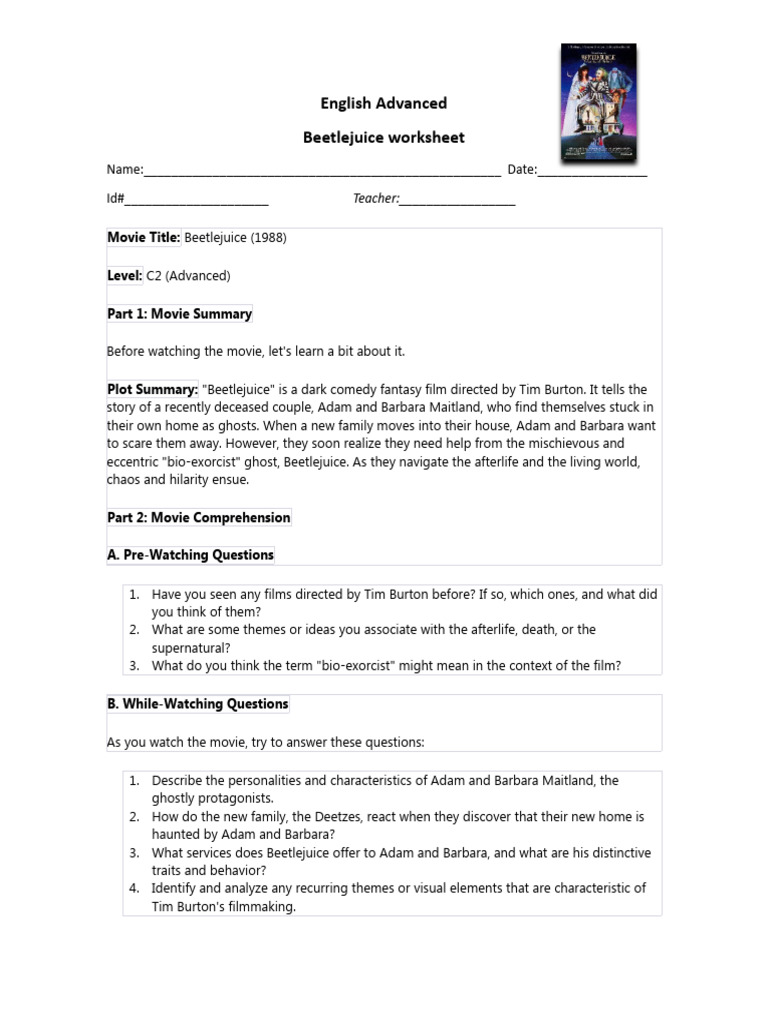 Beetlejuice Movie Worksheet Advanced With KEY | PDF | Ghosts