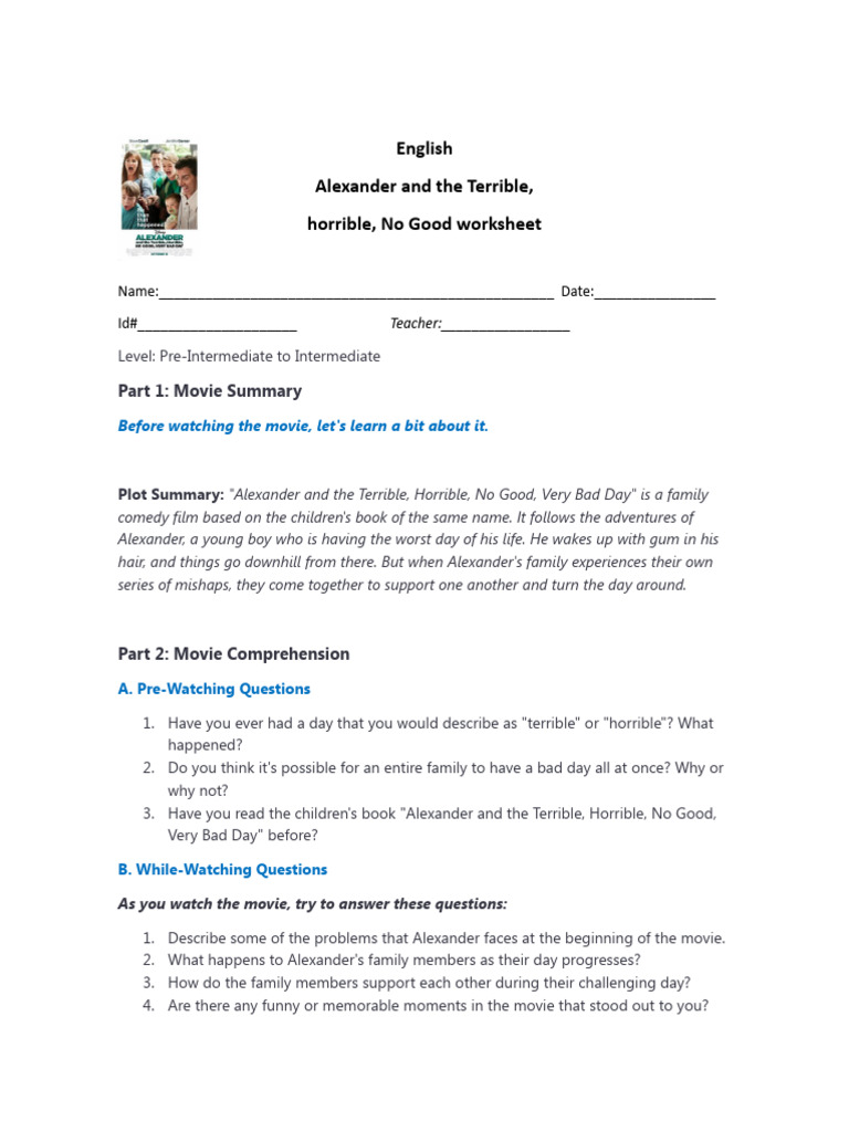 Alexander Movie Worksheet Guide | PDF