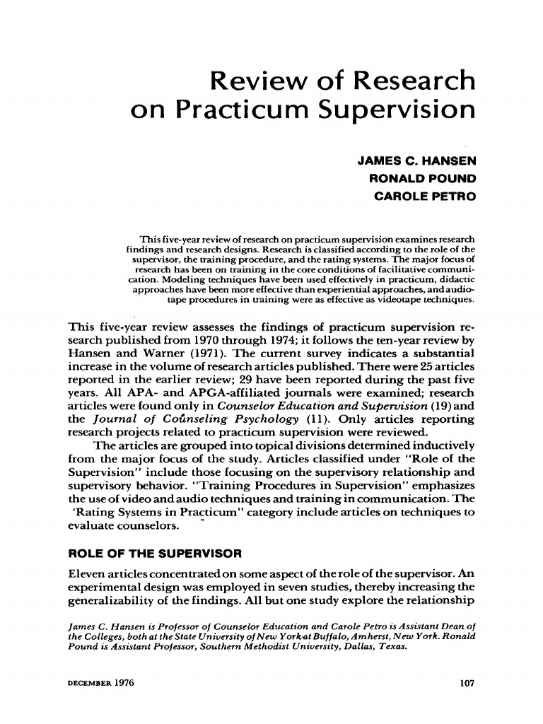 Hansen Review of Research On Practicum Supervision | PDF