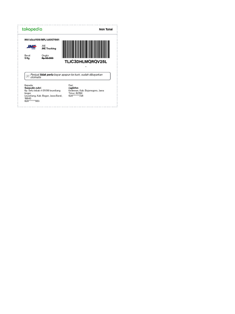 Cetak Label Pengiriman JNE 5 Kg | PDF