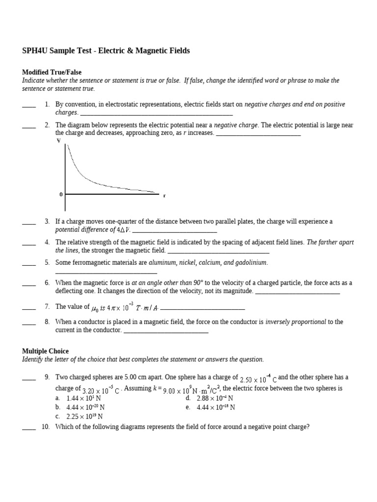 SPH4U Electric & Magnetic Fields Test | PDF | Electric Charge | Electron