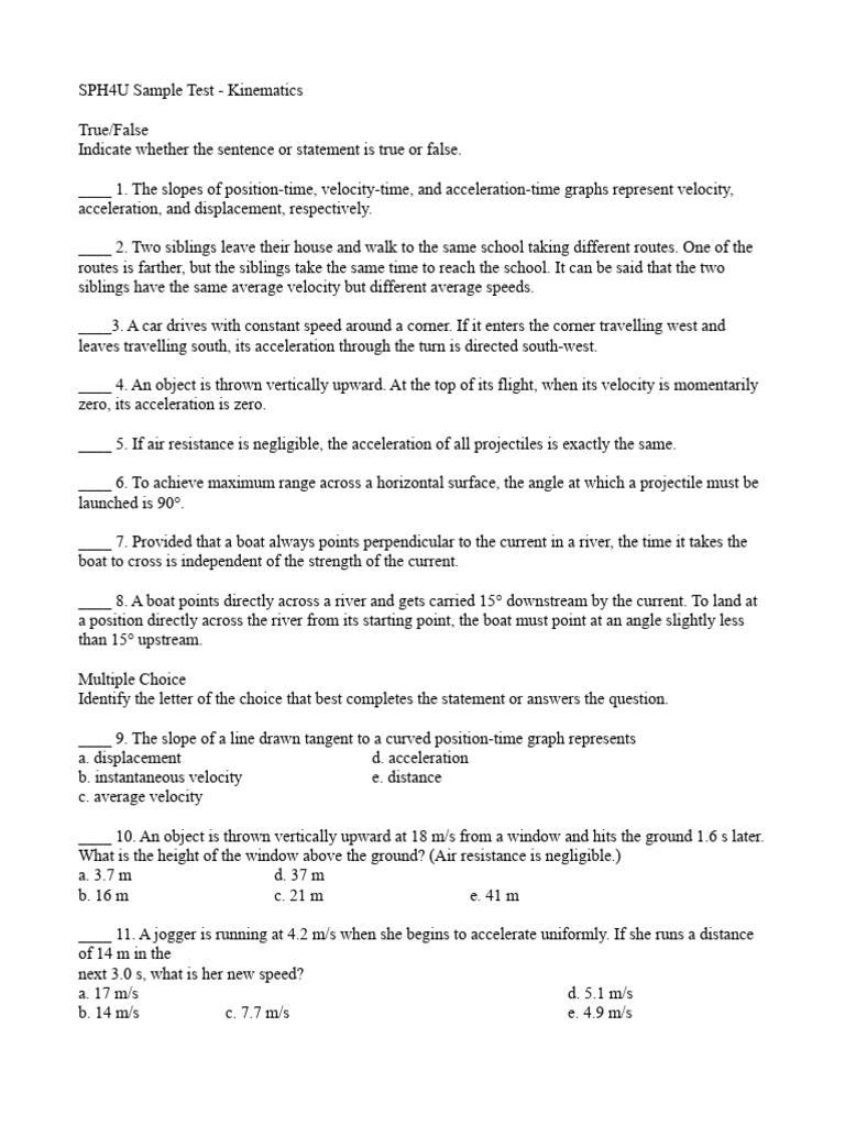 SPH4U Sample Test - Kinematics+Key | PDF | Acceleration | Velocity