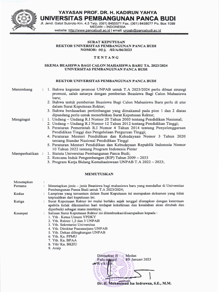 002 SK Skema Beasiswa Bagi Calon Mahasiswa Baru TA 2023-2024 UNPAB | PDF