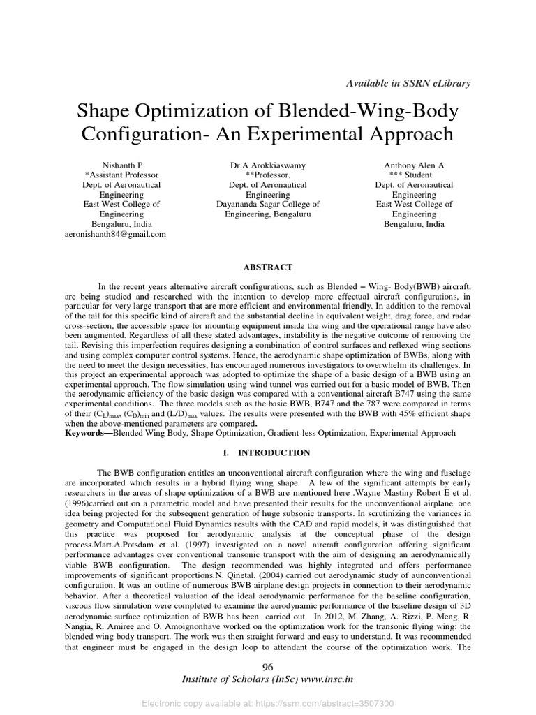 Shape Optimization Of Blended Wing Body Configuration An Experimental Approach Pdf Wind
