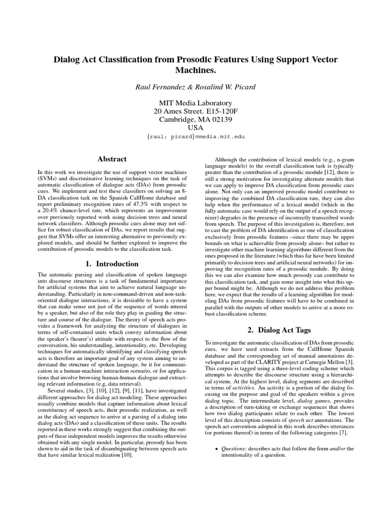 Fernandez And Picard 2002 Dialog Act Classification From Prosodic