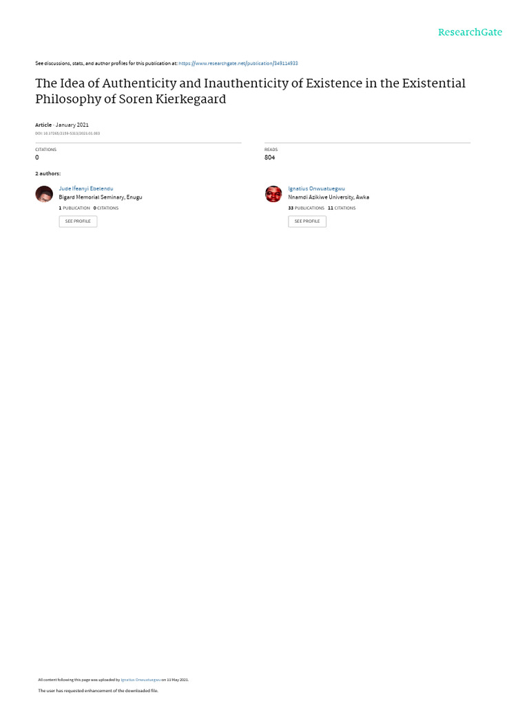 The Idea of Authenticity and Inauthenticity of Exi | PDF