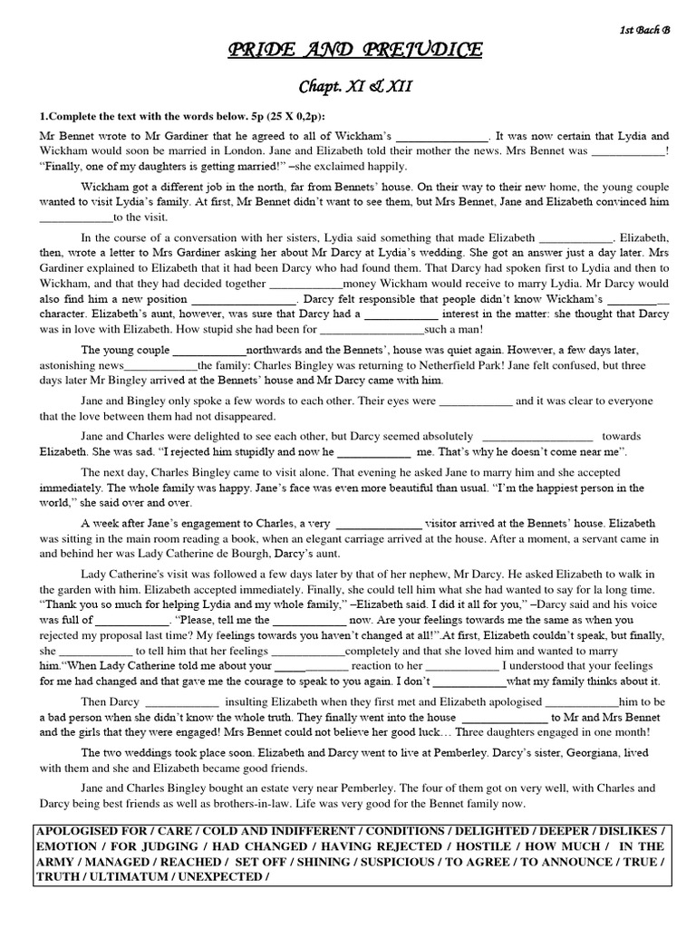 Pride & Prejudice Chapt Xi & Xii Test B | PDF | Mr. Darcy | Pride And ...