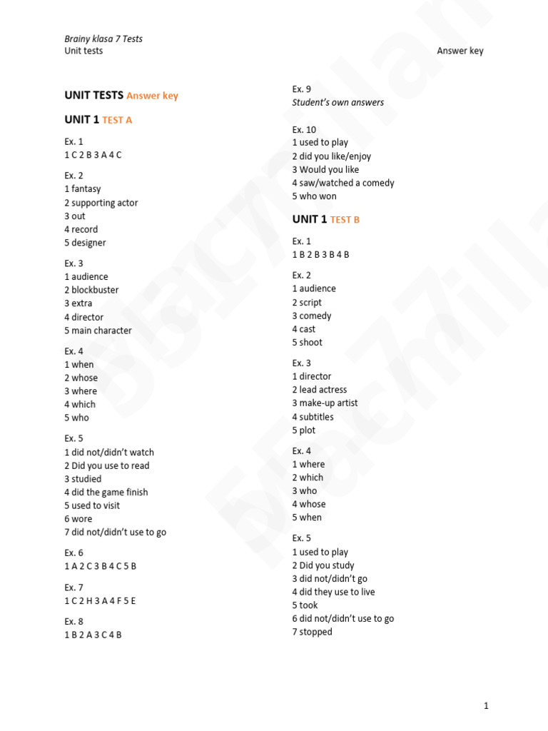 Brainy Klasa 7 Unit Test Answer Key | PDF