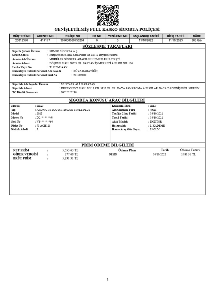 E-Posta Gönderme MUSTAFA ALİ KARATAŞ 71ACH125 KASKO | PDF