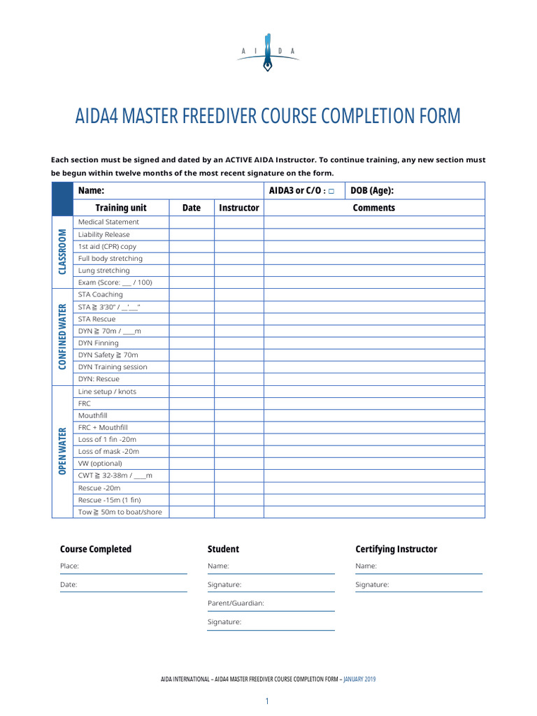 AIDA4 Master Freediver Course Completion Form - English | PDF