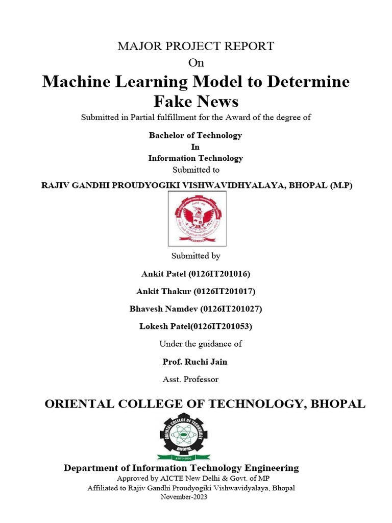 MAJOR PROJECT REPORT On Machine Learning Model to Determine Fake News ...