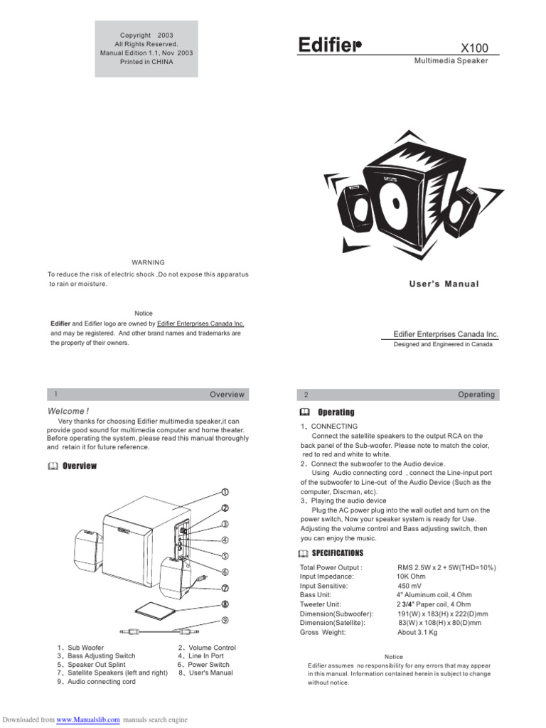 EDIFIER X100 User Manual | PDF | Loudspeaker | Ac Power Plugs And Sockets