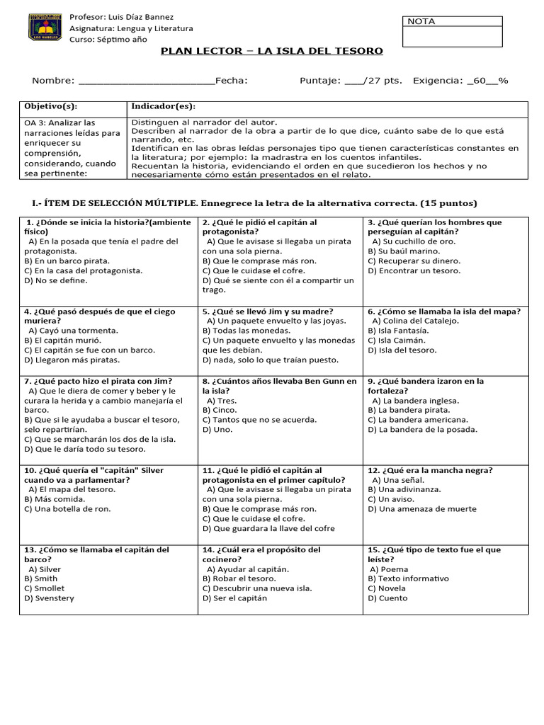 7° Ev. Plan. Lector LA ISLA DEL TESORO | PDF | Isla del tesoro | Piratería