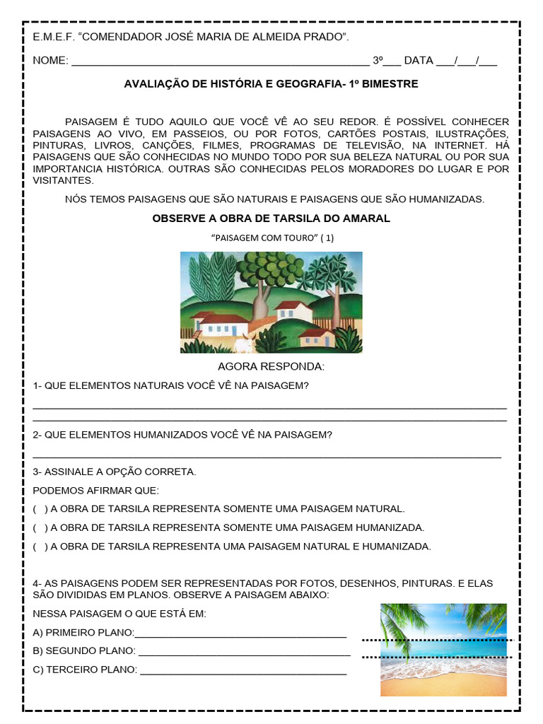 Avaliaçao de História e Geografia 1 Bimestre 2023 | PDF | Paisagem